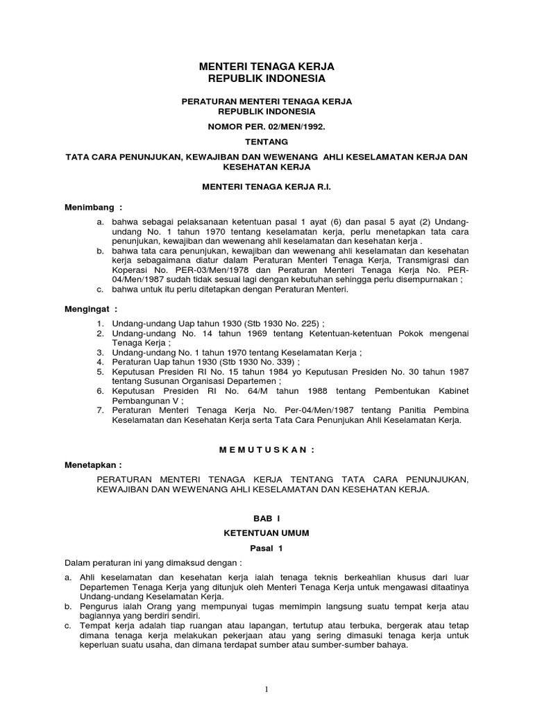Peraturan Menteri Tenaga Kerja RI No. PER-02MEN1992 .TATA CARA ...