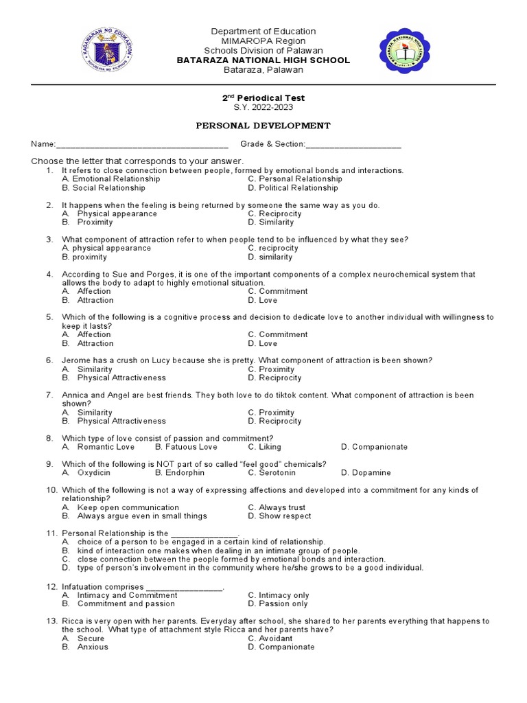 Personal Development Q2 Exam | PDF | Family | Intimate Relationships