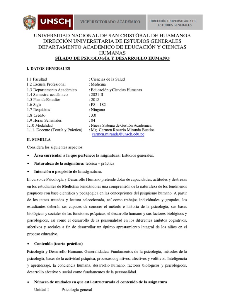 Silabo - PS-182 - Psicologia y Desarrollo Humano | PDF | Sicología ...