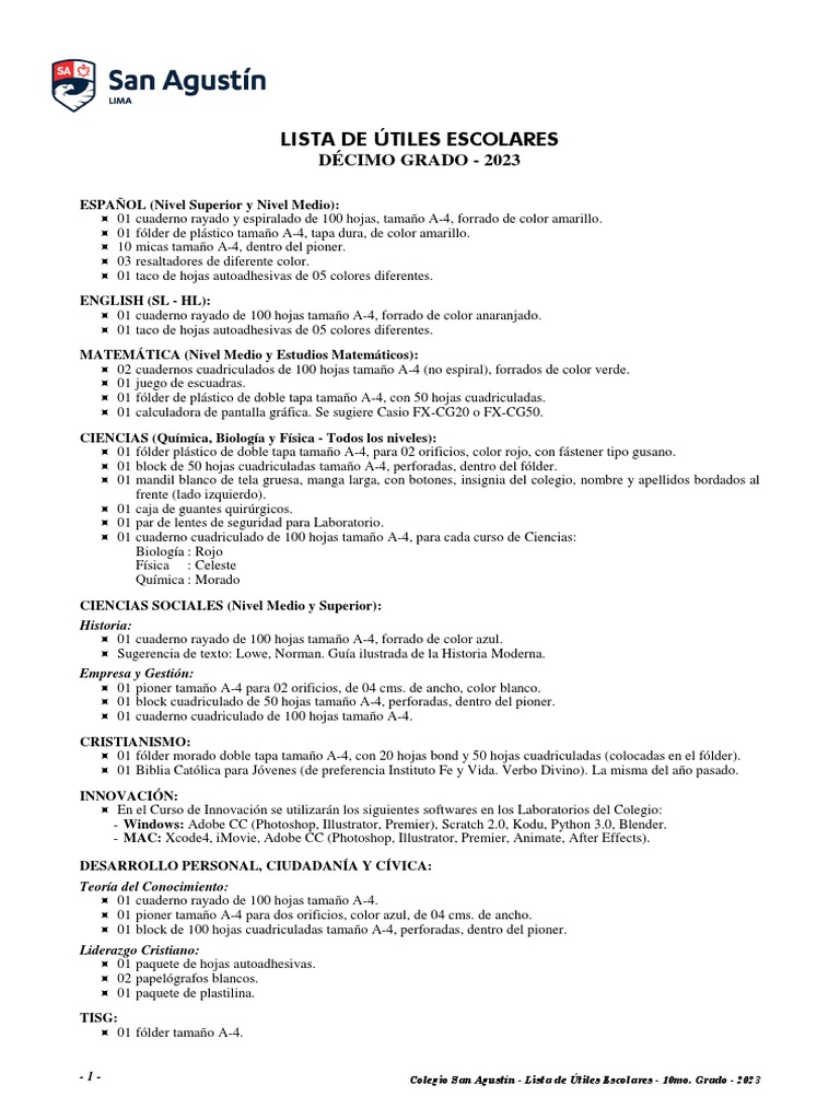 Lista de Útiles Escolares: Décimo Grado - 2023 | PDF | Color | Cuaderno