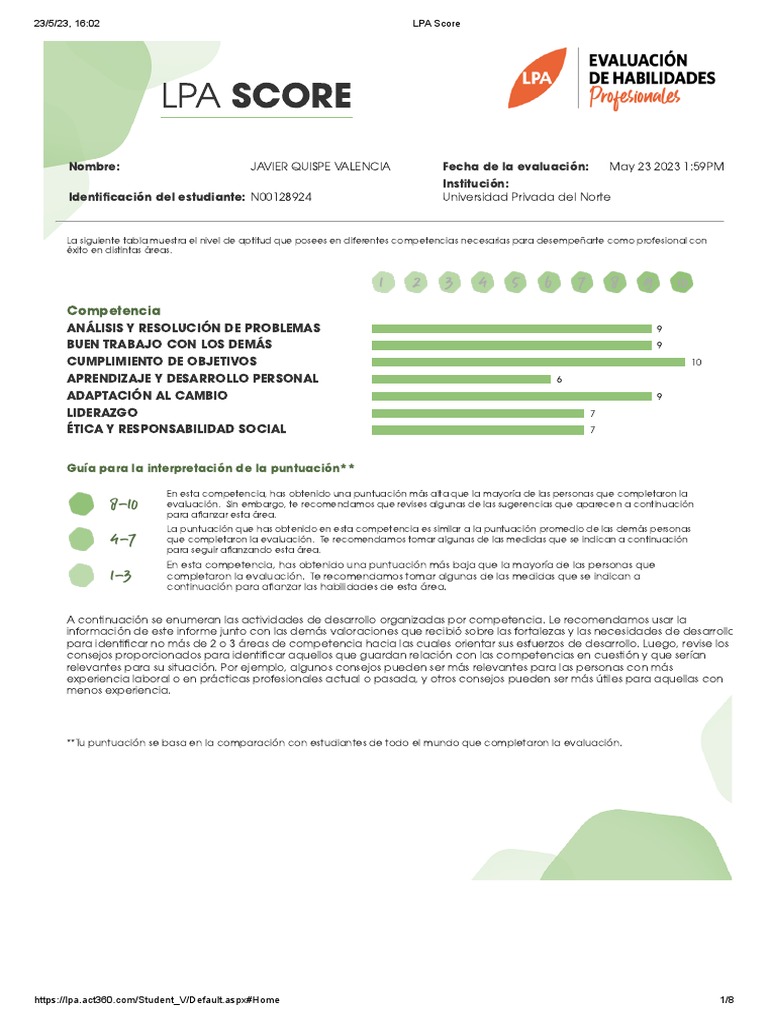 Lpa Score: Competencia | PDF | Evaluación | Aprendizaje