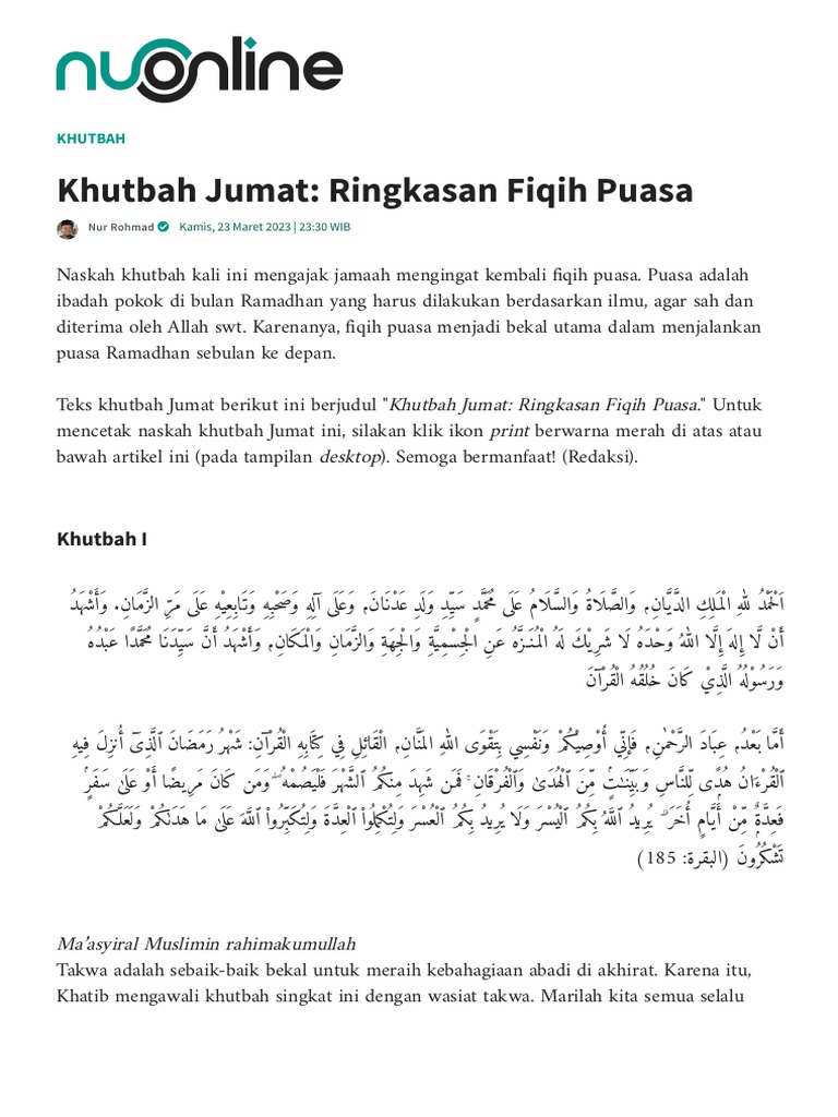 Khutbah Jumat - Ringkasan Fiqih Puasa - NU Online | PDF
