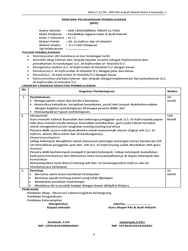 RPP Kelas 6-1 1lembar | PDF