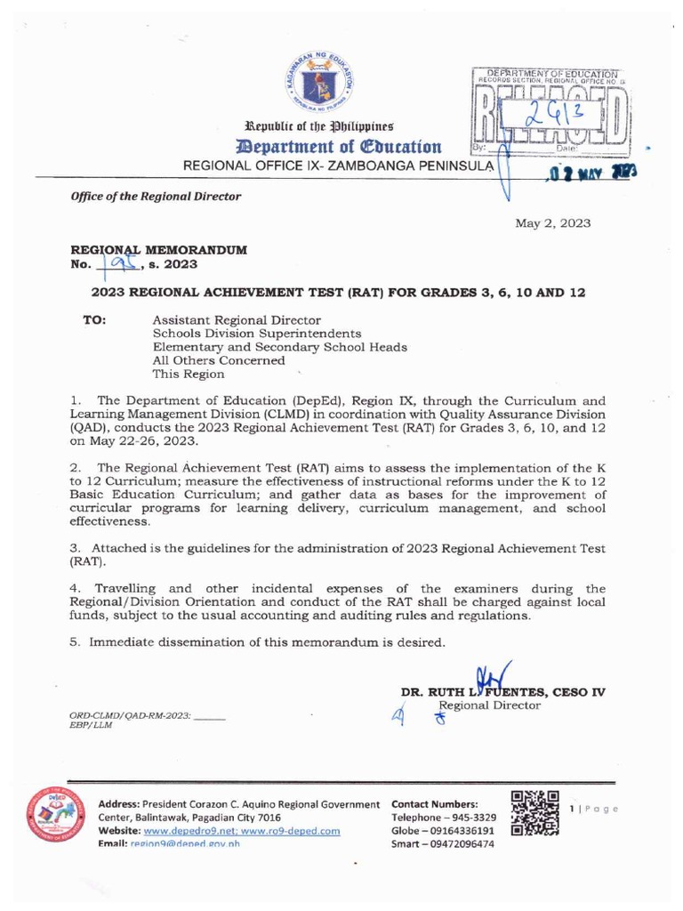 05-02-2023-2613 Regional Achievement Test (Rat) For Grades 3, 6 | PDF