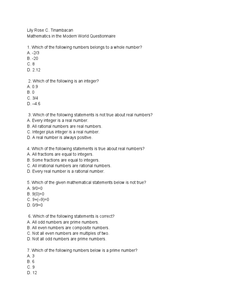 Mathematics Questionnaire | PDF