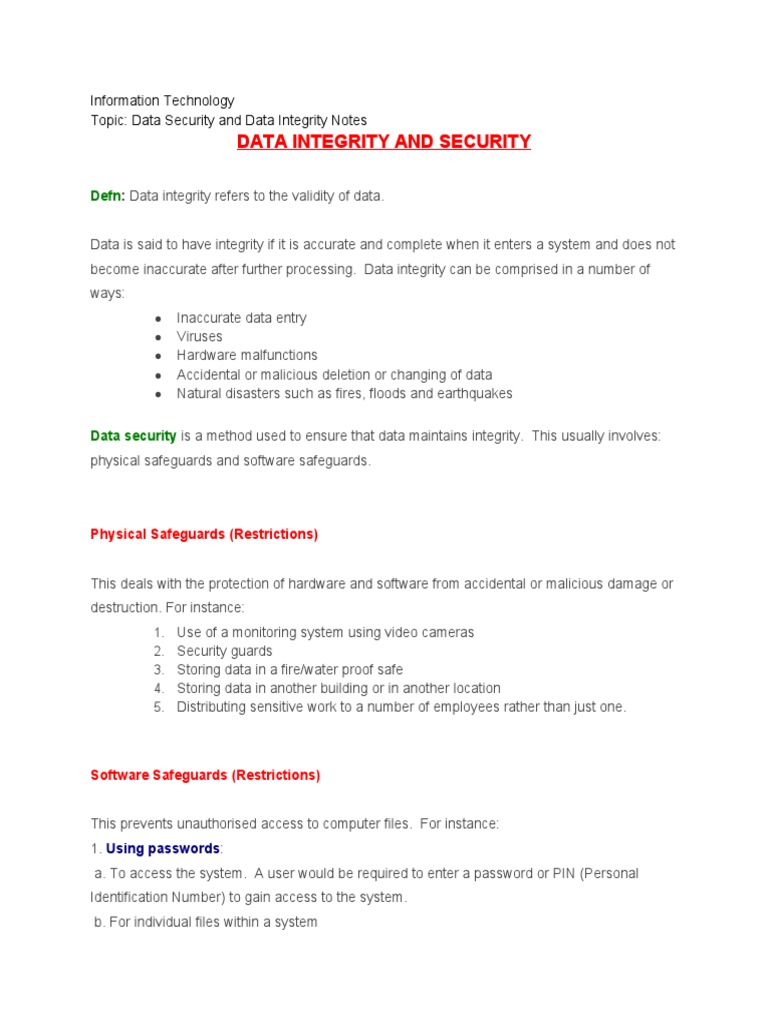 Notes - Data Security and Data Integrity | PDF