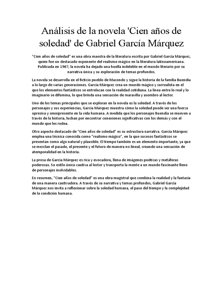 Análisis de La Novela 'Cien Años de Soledad' de Gabriel García Márquez | PDF
