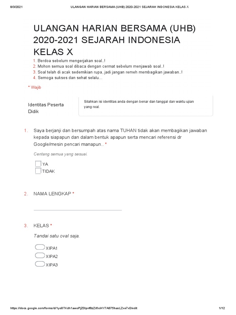 Uhb Sejarah Indonesia Kelas X Genap 2020 - 2021 - Google Formulir | PDF