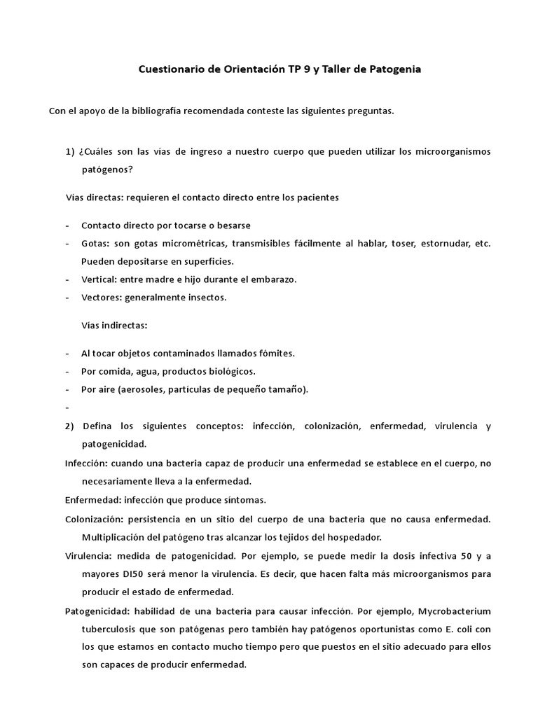 Cuestionario Orientación TP N°9 Patogenia | PDF | Las bacterias | Enfermedades transmitidas por ...