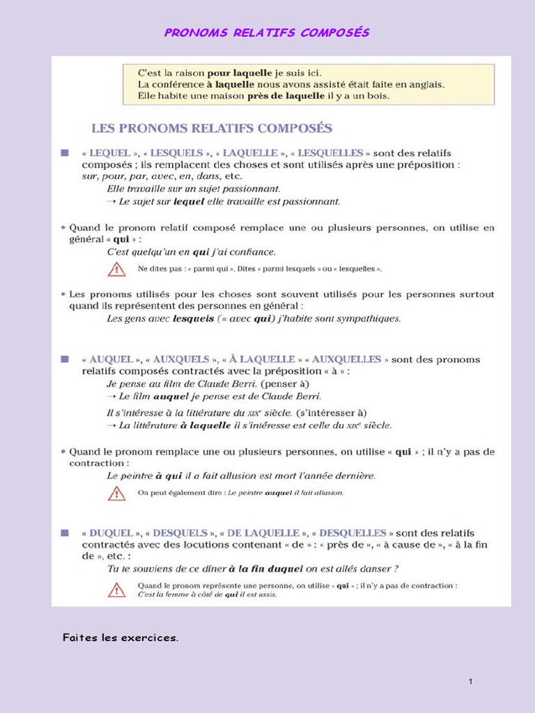 Exercices sur les pronoms relatifs composés | PDF