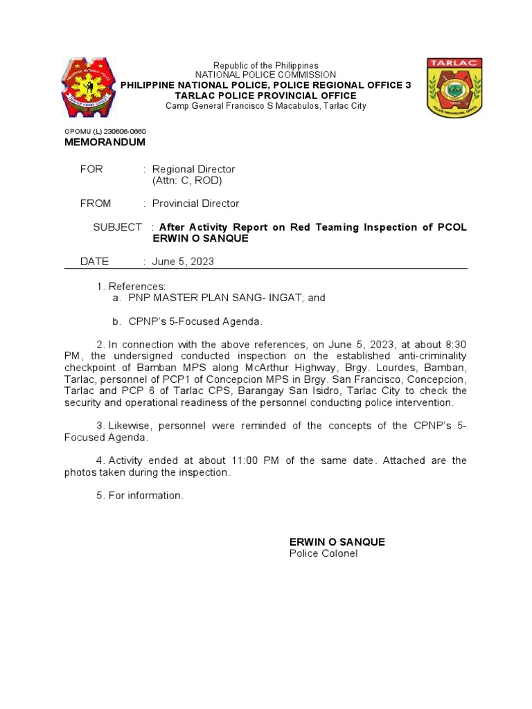 Edited After Activity Report On Inspection of PCOL ERWIN O SANQUE ...