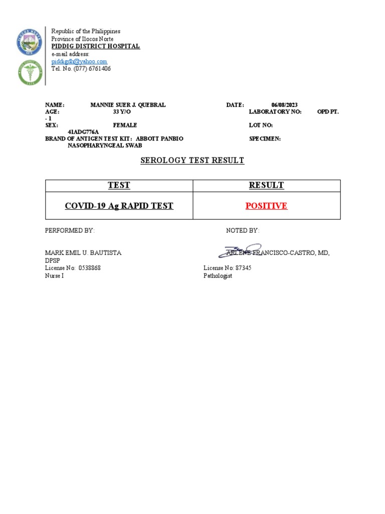 Antigen Result Form For Printing 1 | PDF