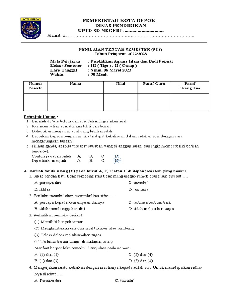 Soal PTS PAI Kelas 3 Genap 2022-2023 | PDF
