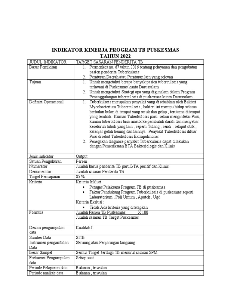 Indikator Kinerja Program TB Puskesmas | PDF