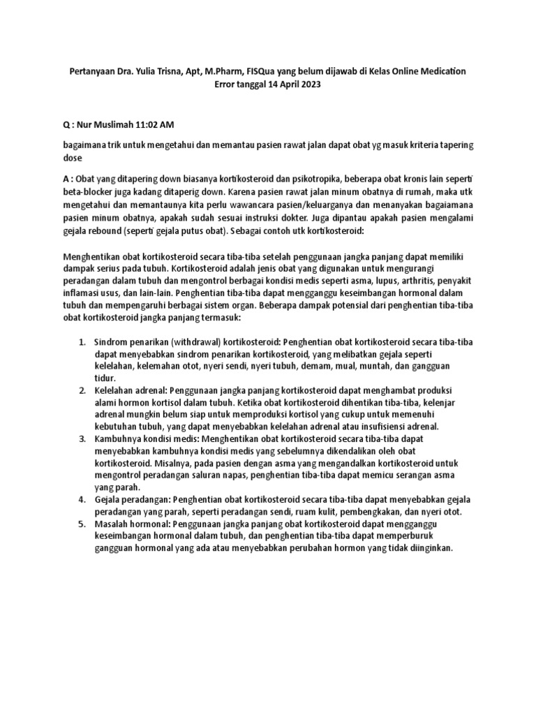 Pertanyaan Dra Yulia Yang Belum Dijawab Di Kelas Online Medication Error Tanggal 14 April 2023 ...