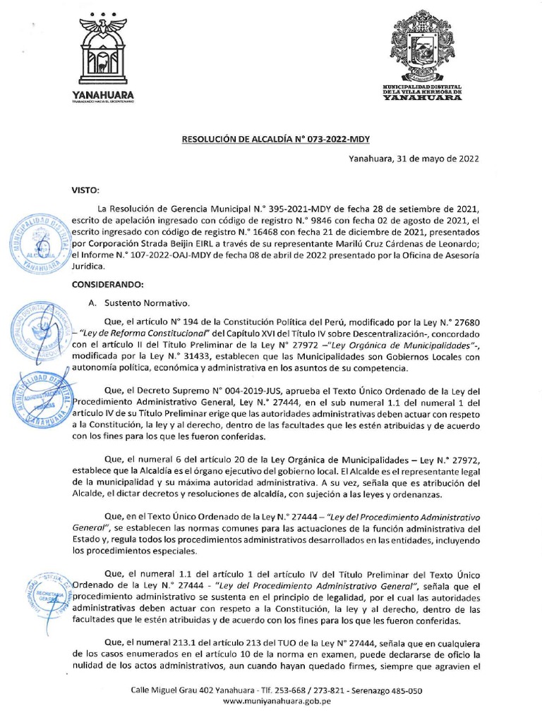 Resolución de Alcaldia-Nro.-073-2022-MDY | PDF