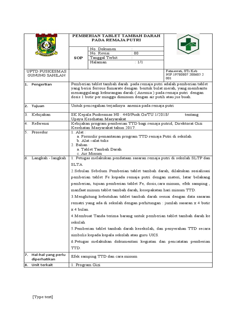 SOP Pemberian Tablet Fe Rematri | PDF