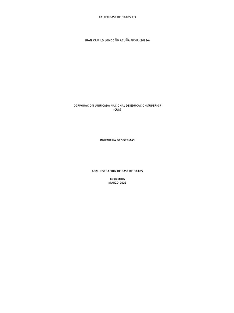 Taller Final Corte 3 Administracion Base de Datos | PDF | SQL | Bases de datos