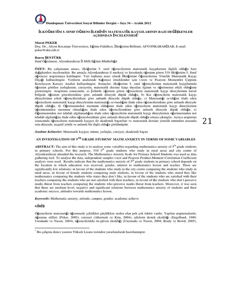 Anahtar Kelimeler: Matematik Kaygısı, Tutum, Yerleşke, Cinsiyet ...