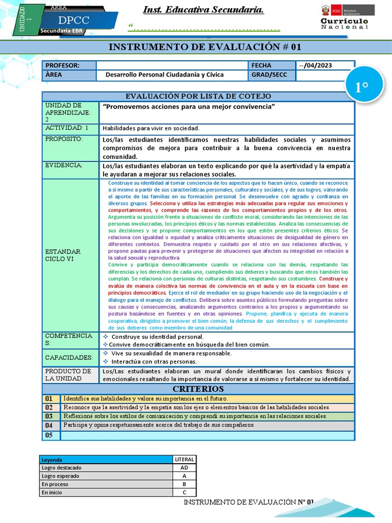 1º DPCC- LC ACT.1 UNI 2 SEM 01 - 2023 | PDF | Evaluación | Comportamiento