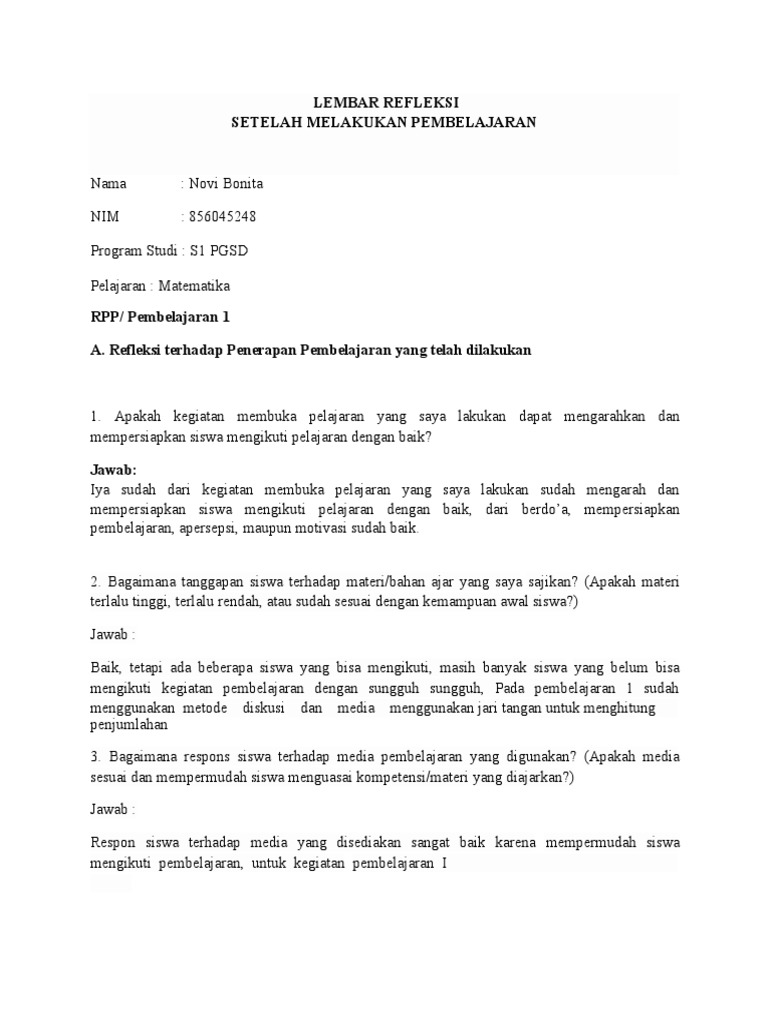 LEMBAR REFLEKSI RPP 1&2 | PDF