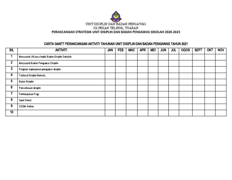 Carta Gantt Perancangan Aktiviti Tahunan Unit Disiplin Dan Badan Pengawas Tahun 2021 | PDF