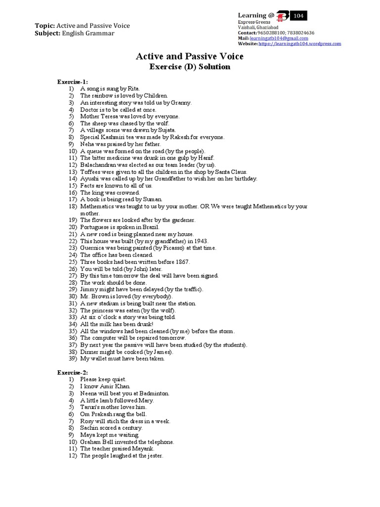 Active Passive Voice Exercise D Solutions | PDF