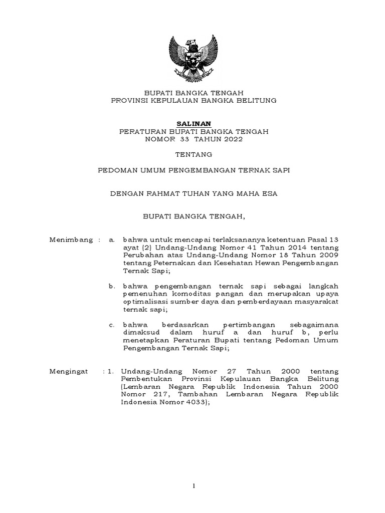 PERBUP NO.33 TAHUN 2022 Tentang Pedoman Umum Pengembangan Ternak Sapi (BD 1186) Penetapan ...