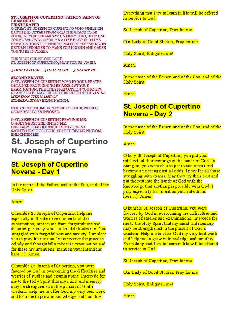 St. Joseph of Cupertino Novena Prayers | PDF | Prayer | Intercession
