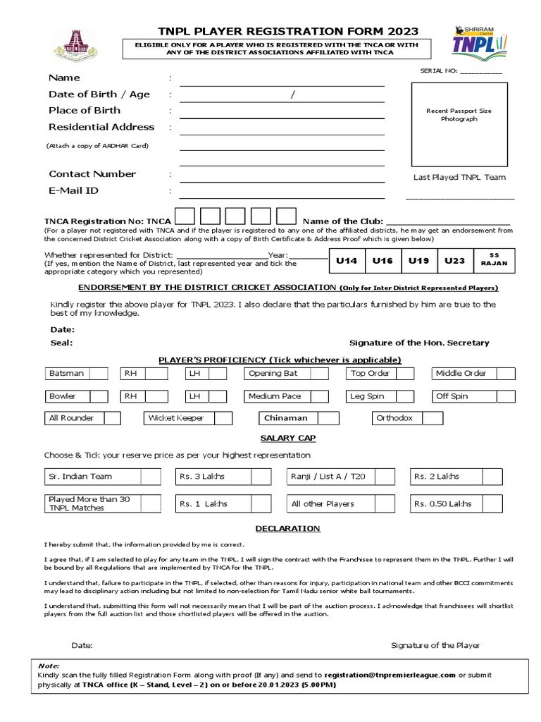 Player Registration Form - 2023 | PDF
