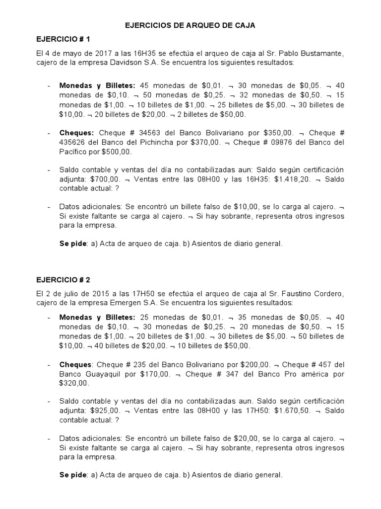 Ejercicios de Arqueo de Caja | PDF
