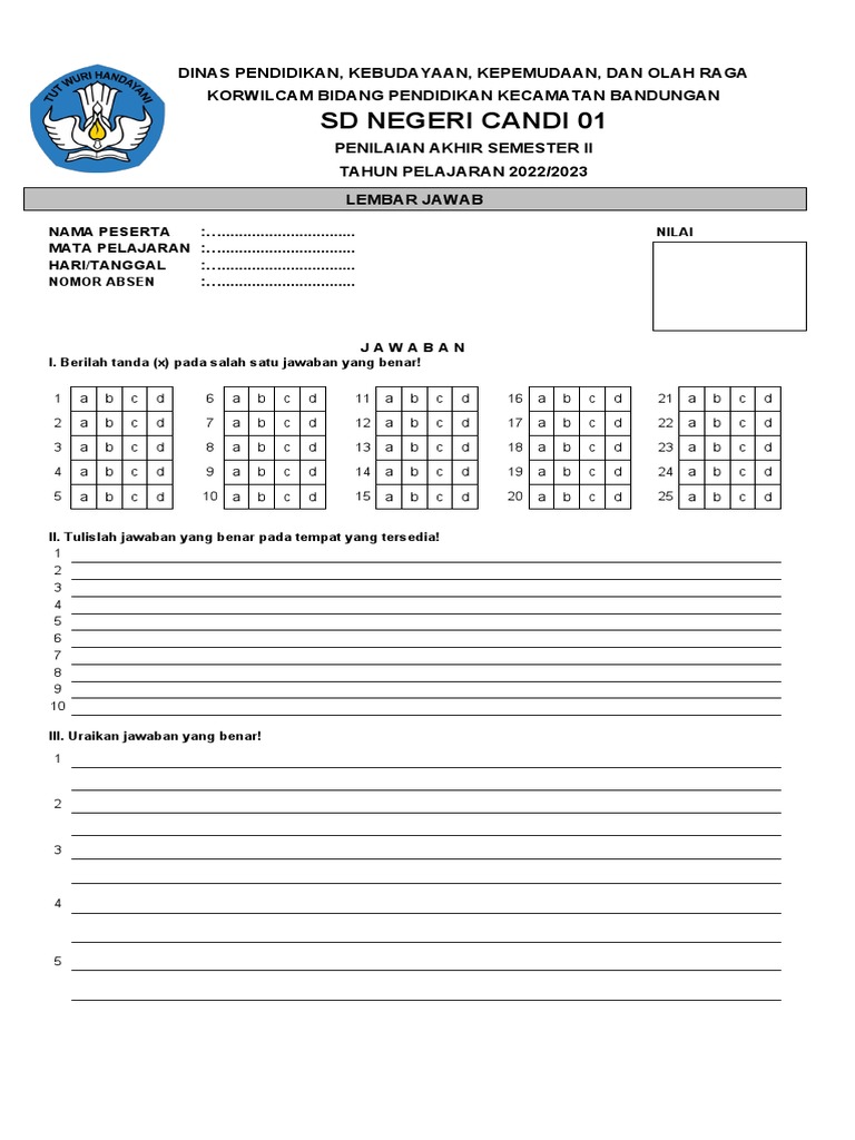 Lembar Jawaban Ujian SD Kelas 1 | PDF | Metode & Bahan Ajar