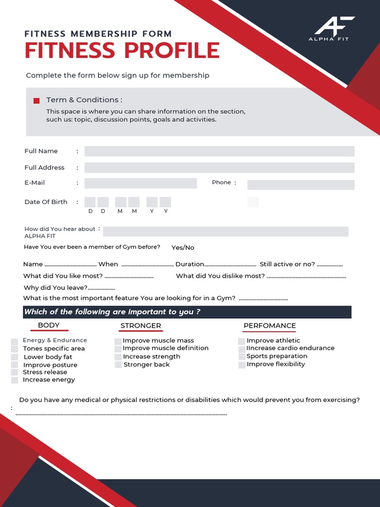 Red Modern Fitness Membership Form | PDF | Physical Fitness | Clinical ...