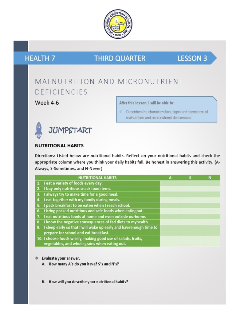 3QHealth 7 - Lesson 3 - Malnutrition and Micronutrient Deficiency | PDF | Malnutrition | Nutrition