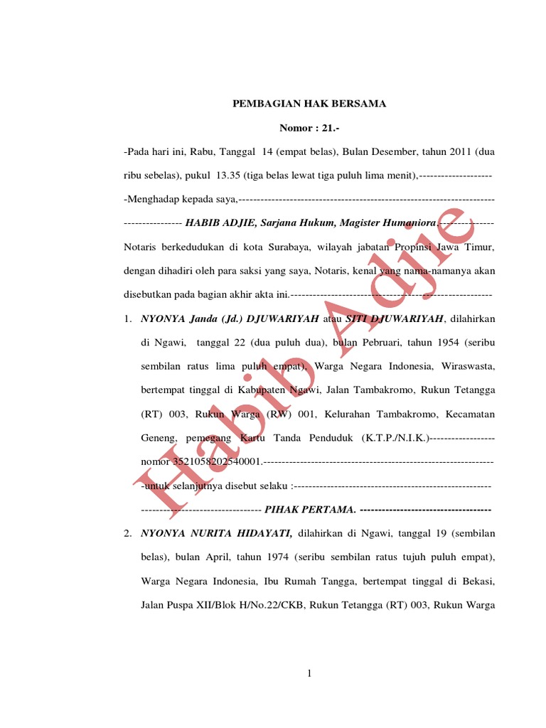 Contoh Akta Pembagian Hak Bersama | PDF