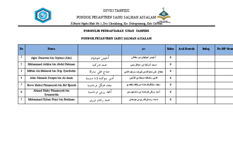 Formulir Pendaftaran Ujian Tahfidz Kelas 6 | PDF