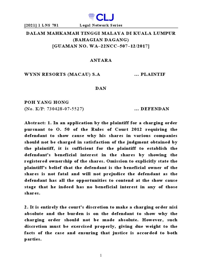 Wyyn Resorts V Poh Yang Hong (Order 50) | PDF | Business