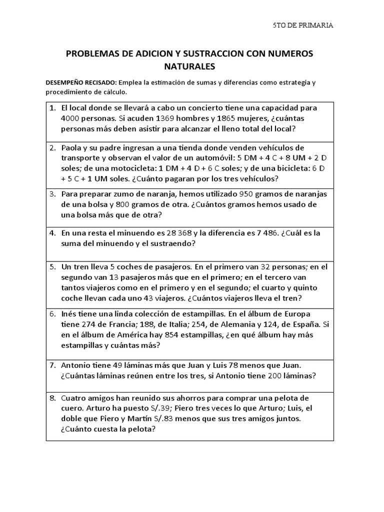 Problemas de Adicion y Sustraccion Con Numeros Naturales | PDF