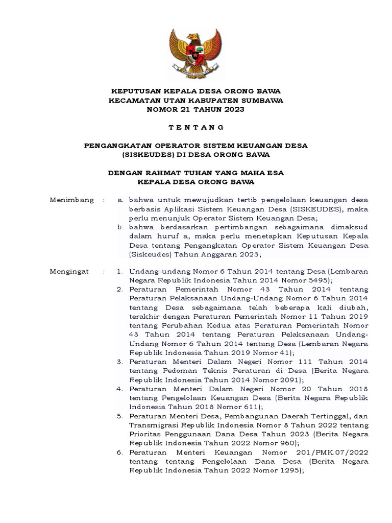 SK Operator Siskeudes | PDF