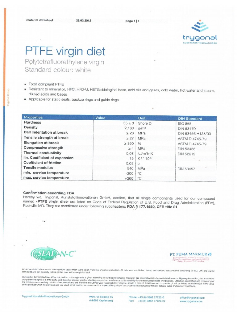 Sertifikat Teflon Atau Ptfe Tk130 | PDF