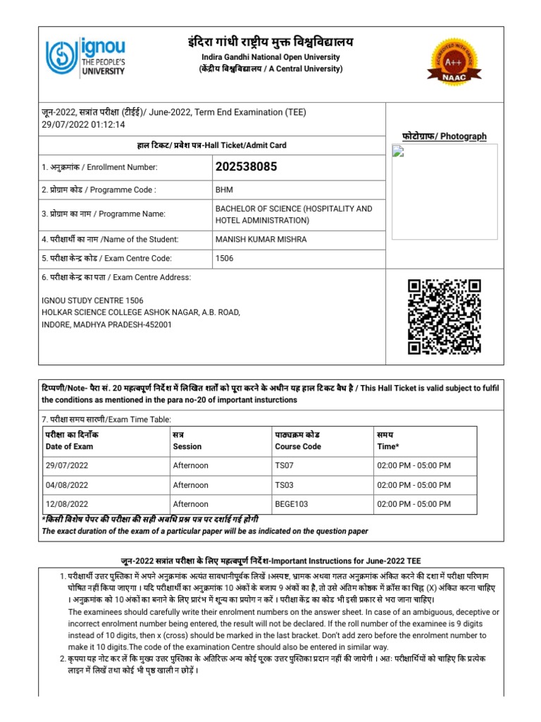 Ignou 2022 - Hall Ticket - Admit Card | PDF