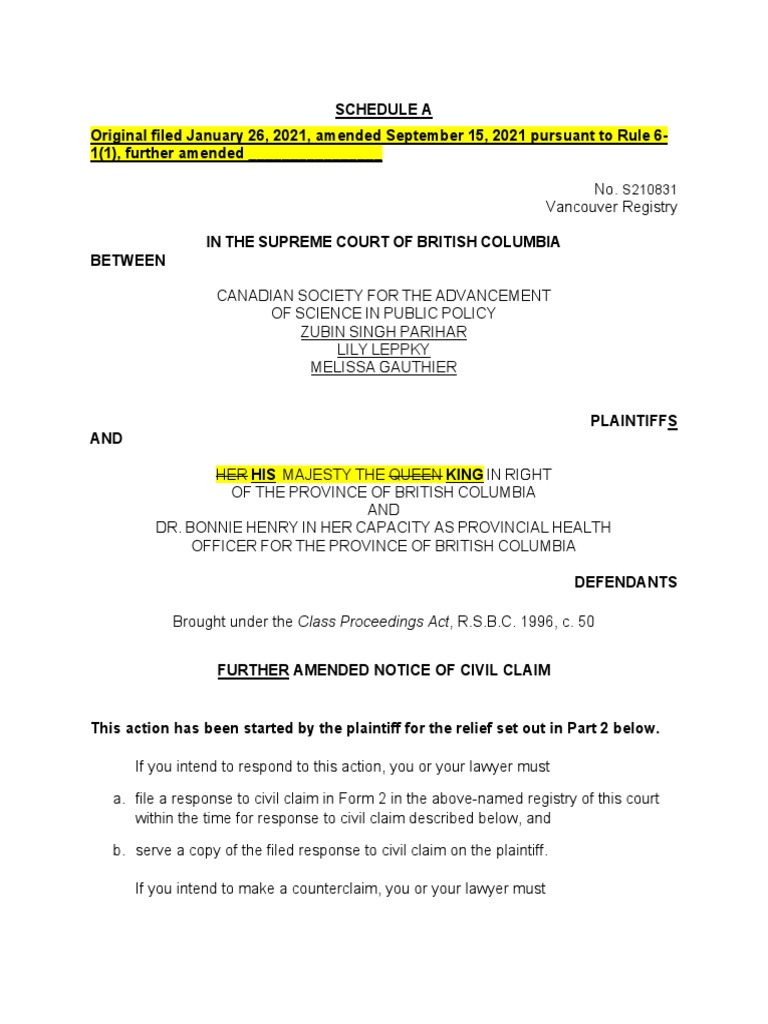 2023-06-05 - Class Proceeding's Further Amended Notice of Civil Claim ...