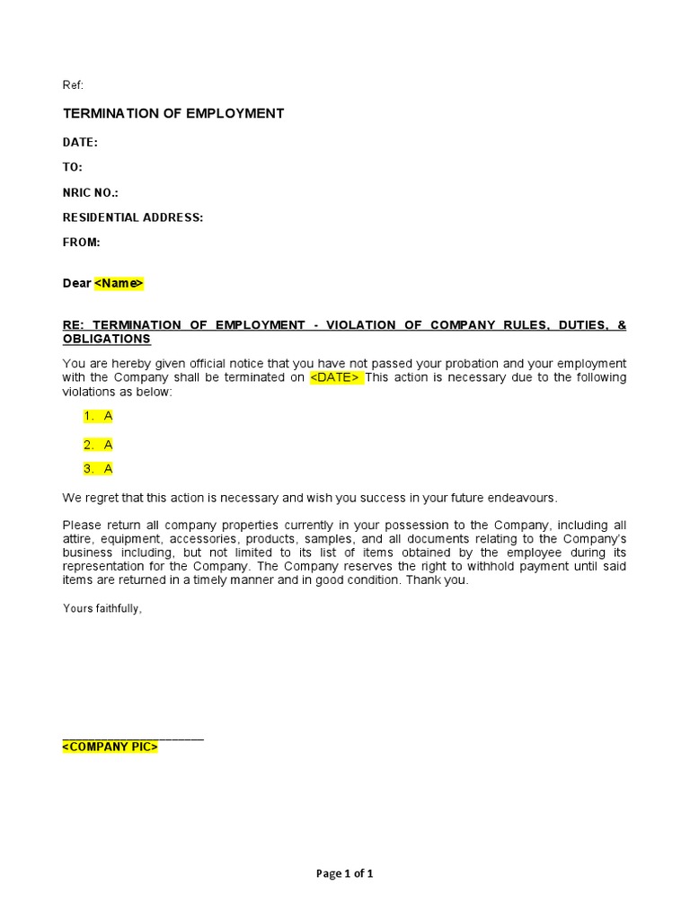 (Template) Termination of Employment - Violation | PDF