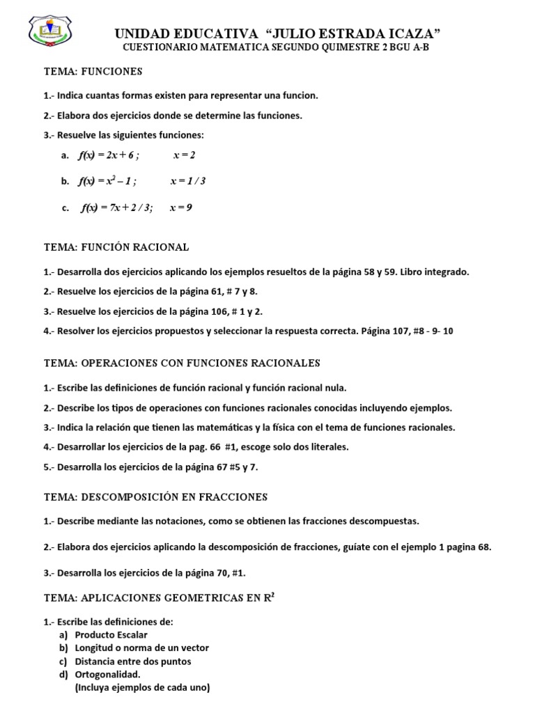 CUESTIONARIO MATEMATICA y FISICA - 2A-B | PDF | Aceleración | Velocidad