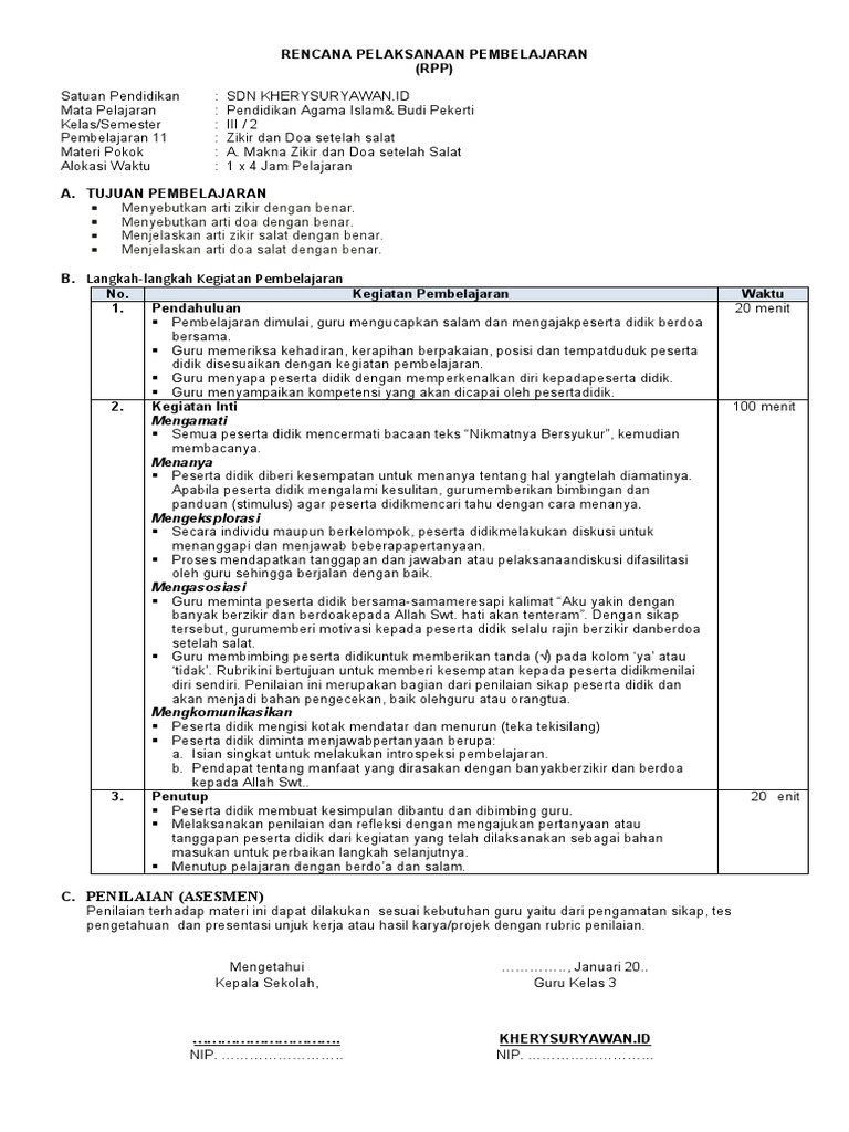 11 - RPP 1 Lembar PAI Kelas 3 Sem. 2 - WWW - Kherysuryawan.id | PDF