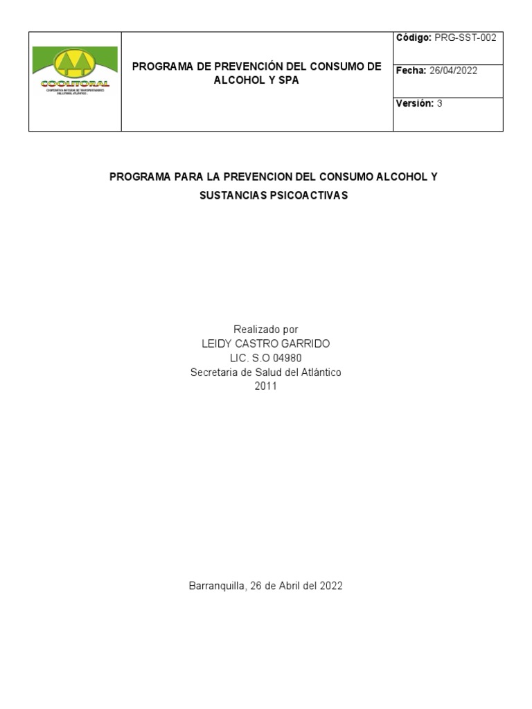 PRG-SST-002 Programa de Prevencion Del Consumo de Alcohol y Spa | PDF PRG-SST-002 Programa de Prevencion Del Consumo de Alcohol y Spa | PDF