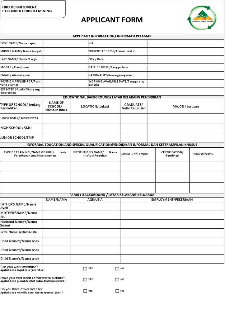 Form Calon Karyawan Baru PT - Ecm | PDF