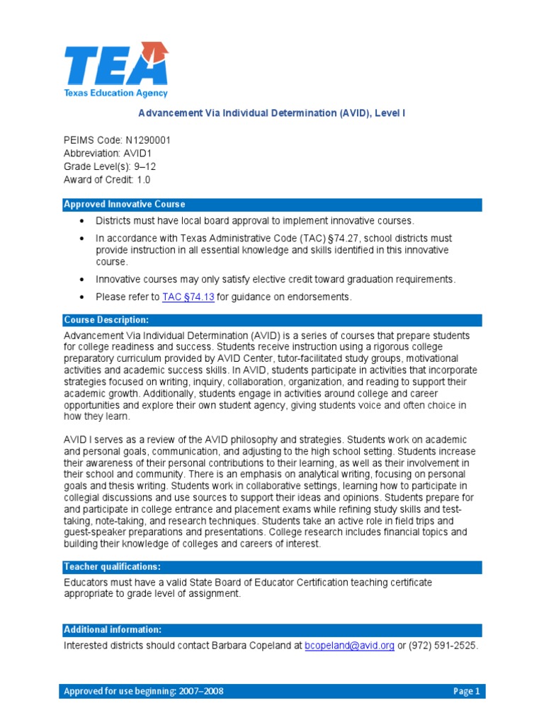 Avid I 2020-2021 | PDF | Teachers | Curriculum