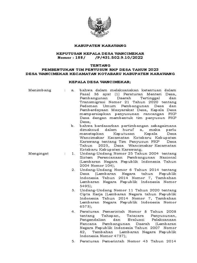 02 Format Keputusan Kepala Desa Tentang Tim Penyusun RKP Desa | PDF 02 Format Keputusan Kepala Desa Tentang Tim Penyusun RKP Desa | PDF