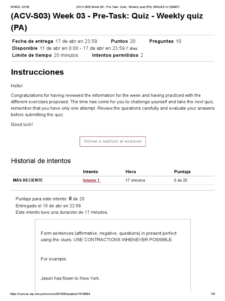(ACV-S03) Week 03 - Pre-Task - Quiz - Weekly Quiz (PA) - INGLES IV (29997) | PDF